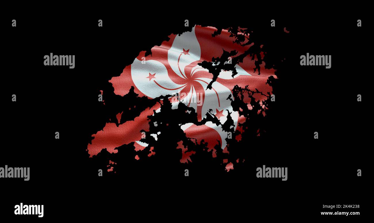Hong Kong map shape with waving flag background. Alpha channel outline ...