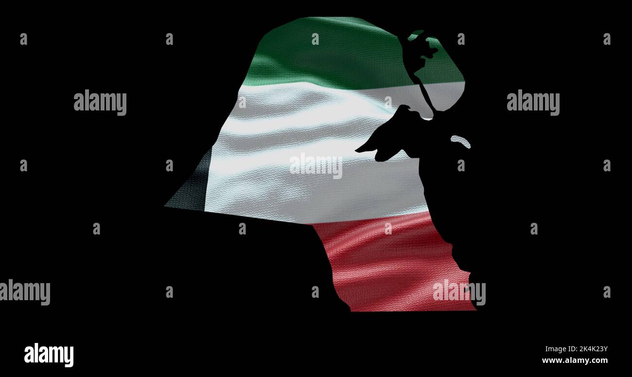 Kuwait map shape with waving flag background. Alpha channel outline of ...