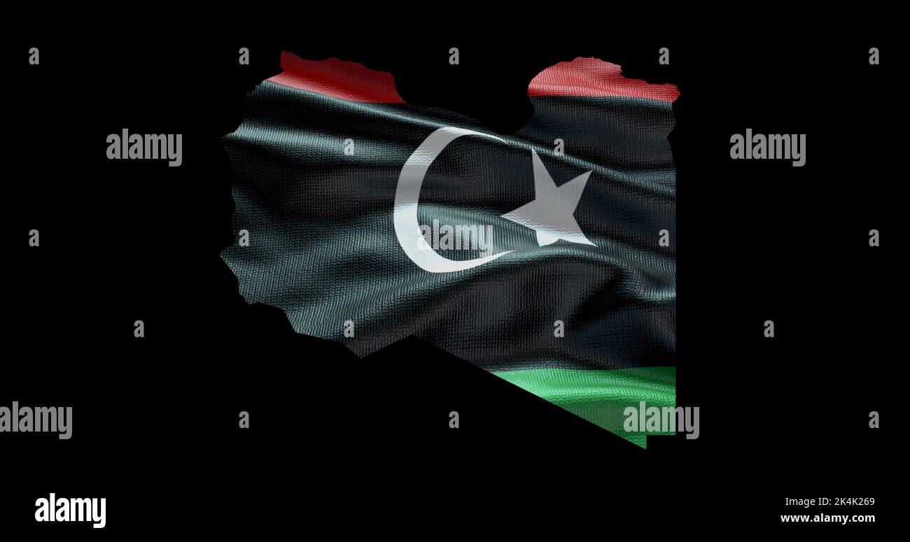 Libya map shape with waving flag background. Alpha channel outline of ...