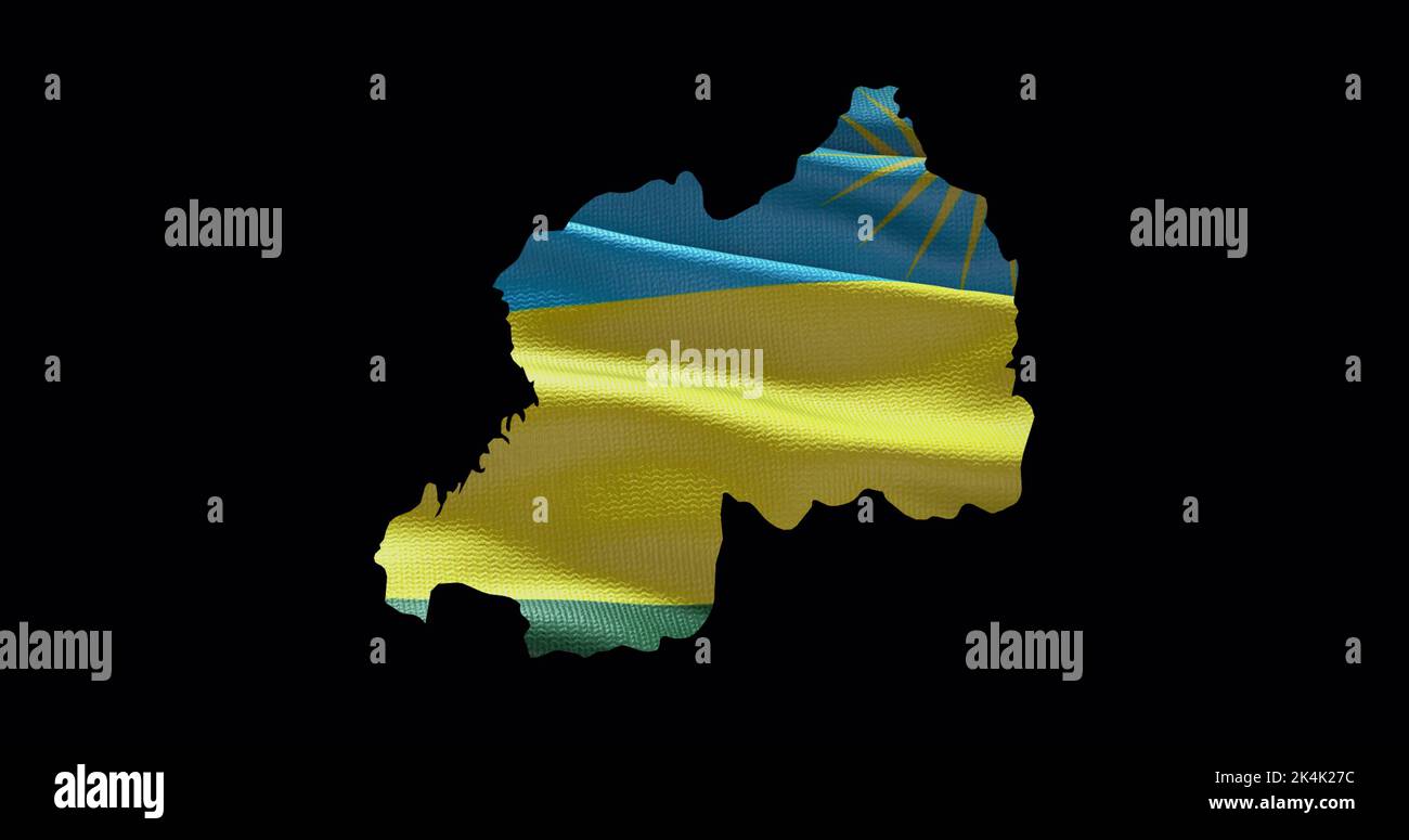 Rwanda map shape with waving flag background. Alpha channel outline of ...