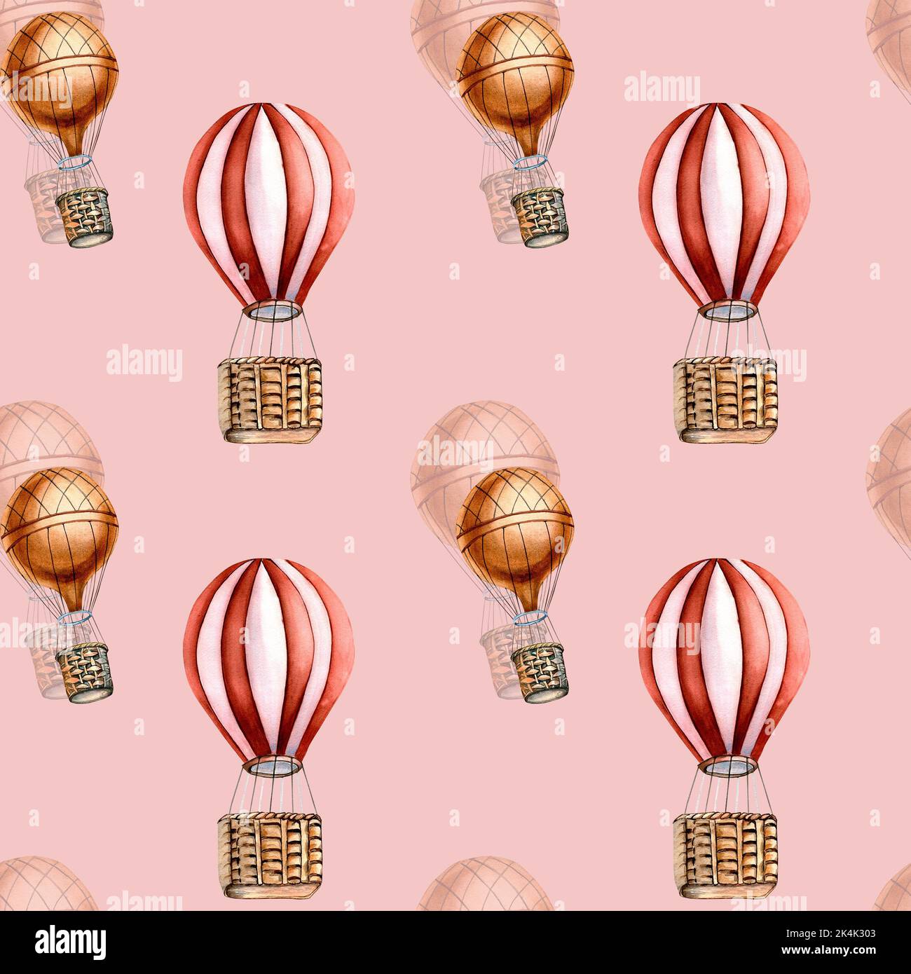Retro hot air balloon vintage style watercolor seamless pattern ...