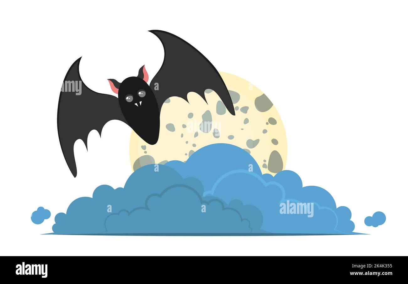 Illustration of bat flying at night with big full moon and clouds ...