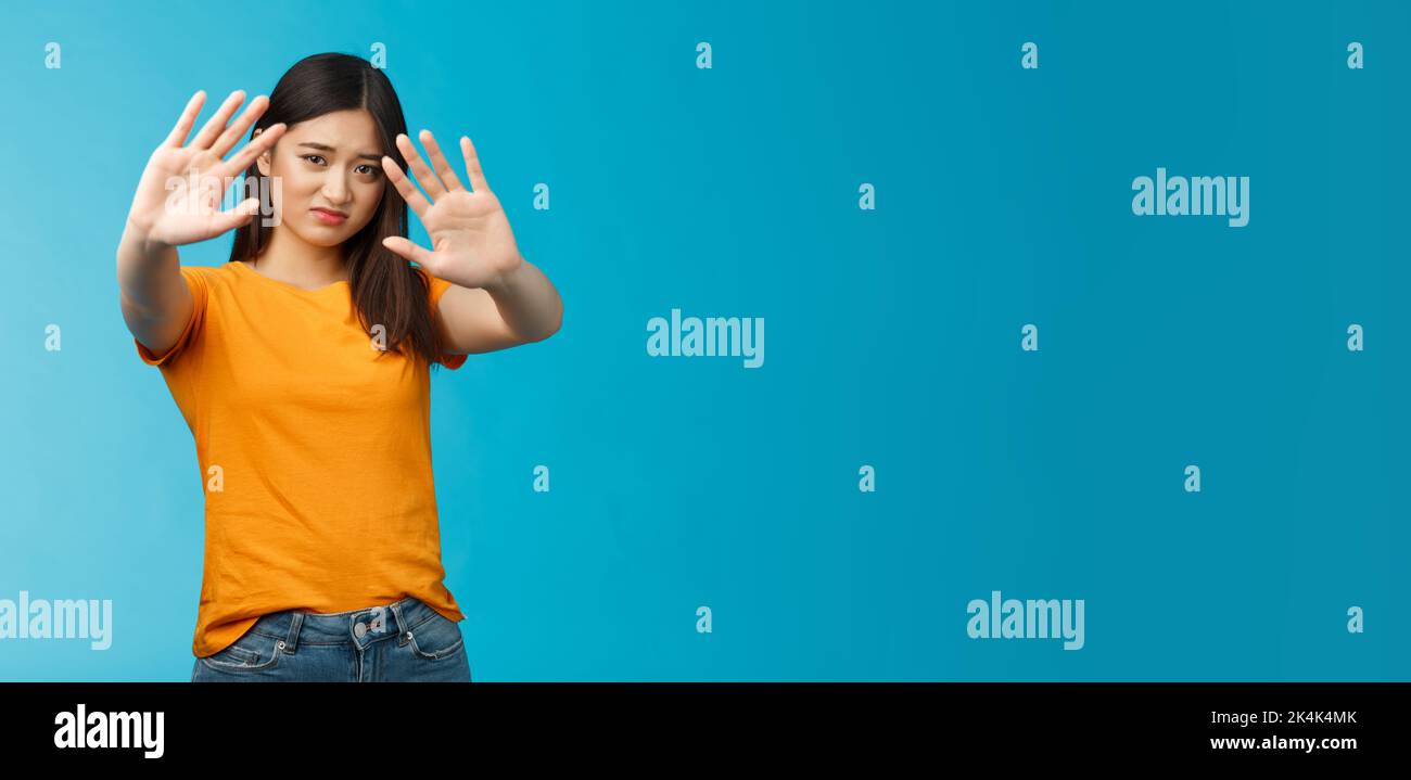 Asian moody displeased silly timid girl asking turn off light not ...