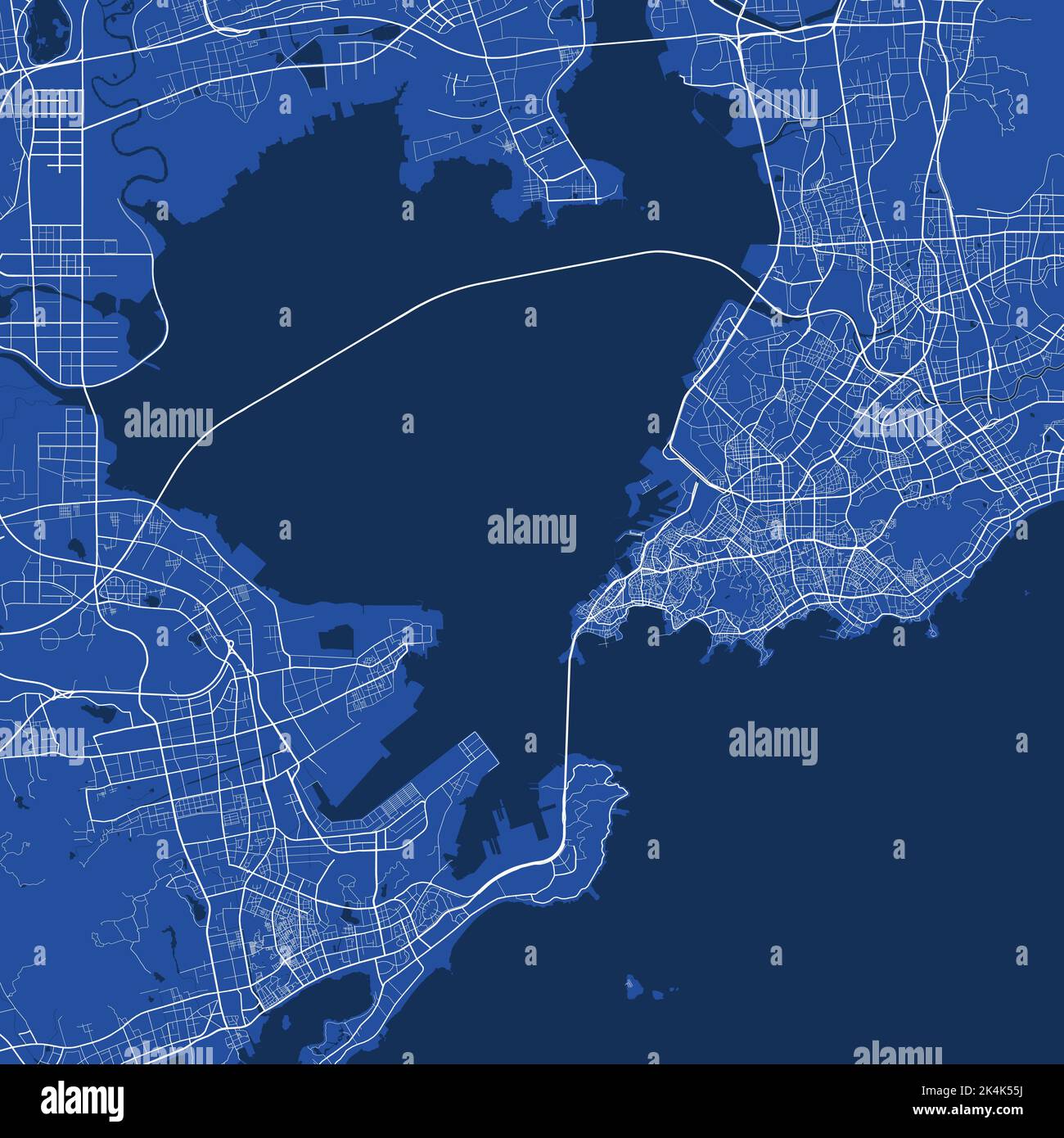 Detailed map poster of Qingdao city administrative area. Blue skyline ...