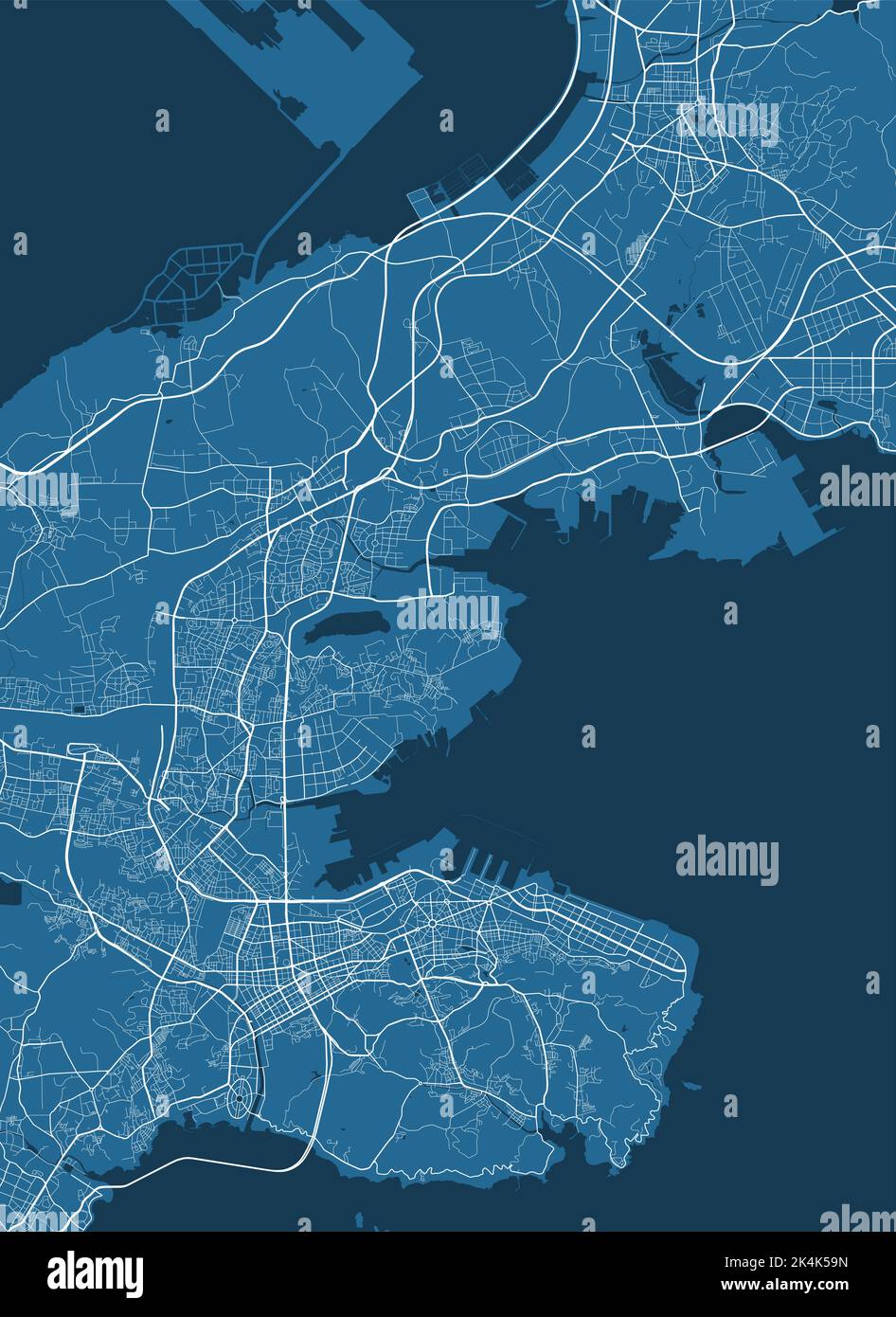 Detailed vector map poster of Dalian city administrative area. Blue ...