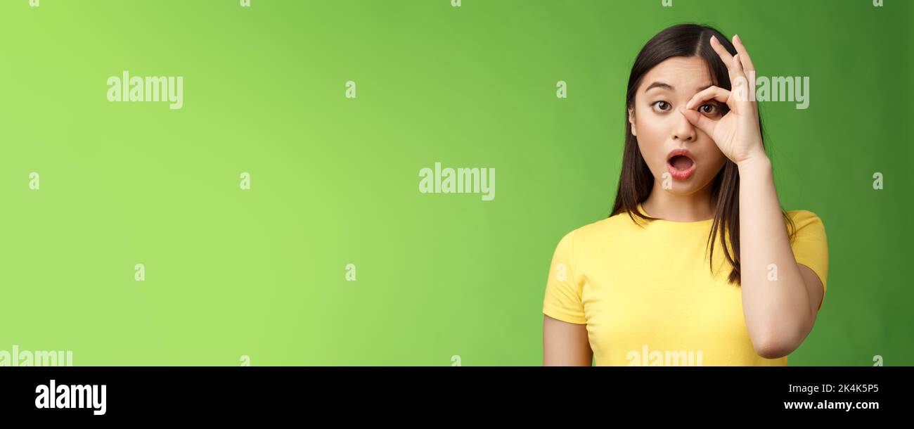 Amazed speechless cute asian young girl drop jaw astonished, look ...