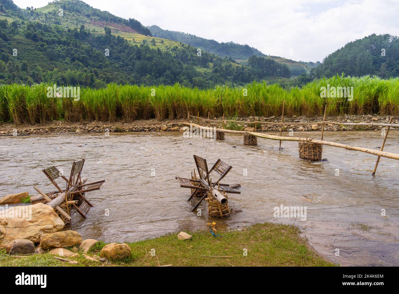view of Water mill in Mu Cang Chai, Yen Bai province, Vietnam in a ...