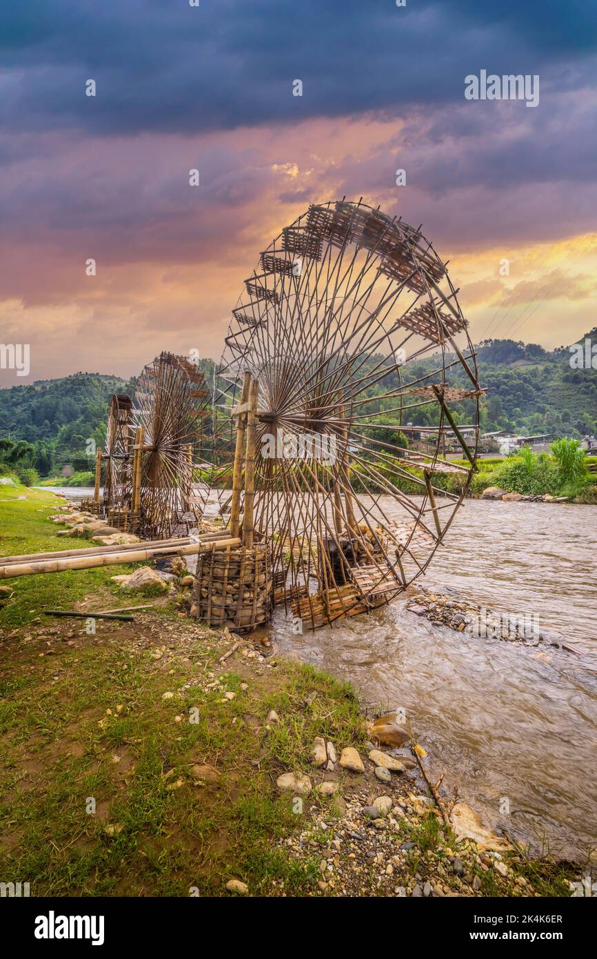 view of Water mill in Mu Cang Chai, Yen Bai province, Vietnam in a ...