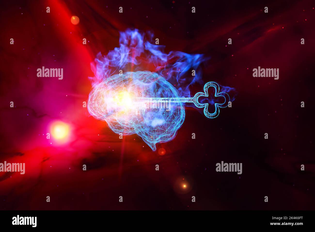 3D Rendering of a Key Penetrate inside a Wire Brain with Blue Fire ...