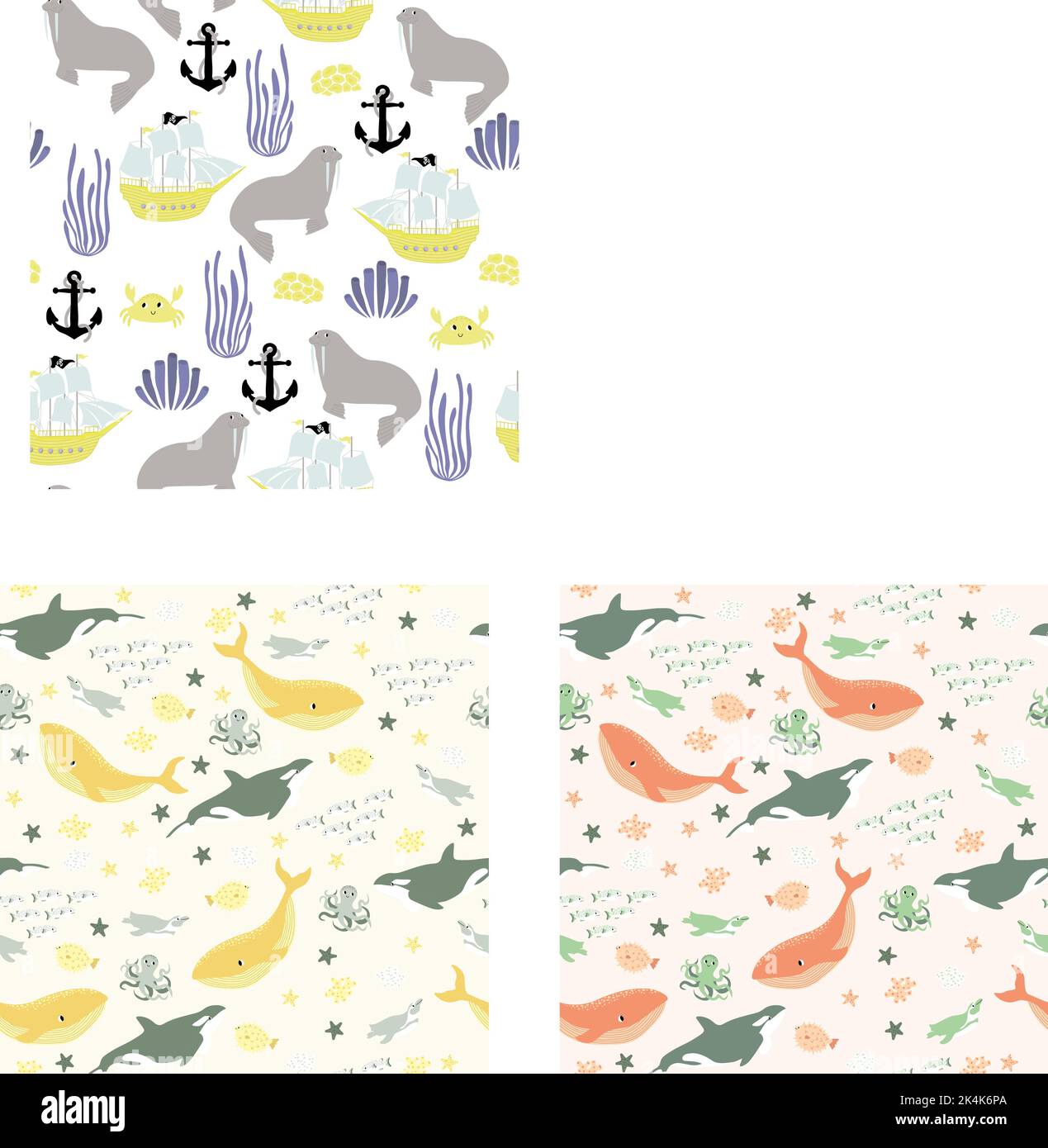 Vector seamless pattern with fish,penguin,whale,killer whale, octopus ...