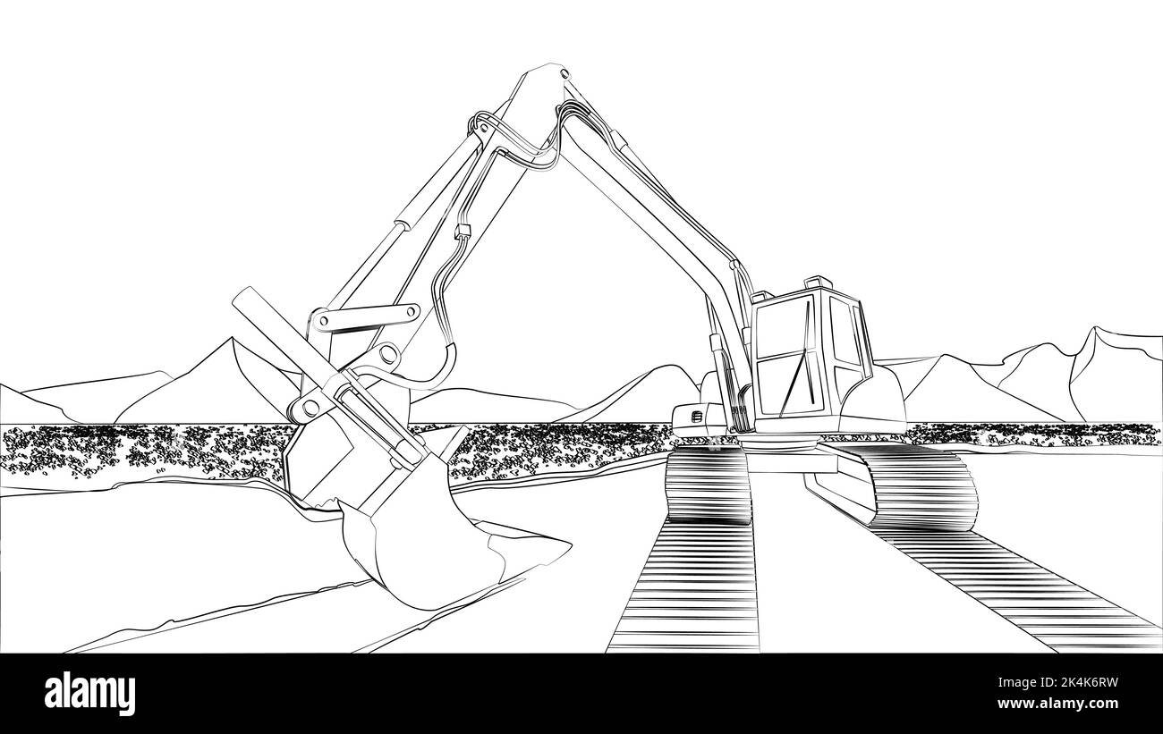 Excavator outline on field with flowers and mountains behind isolated ...