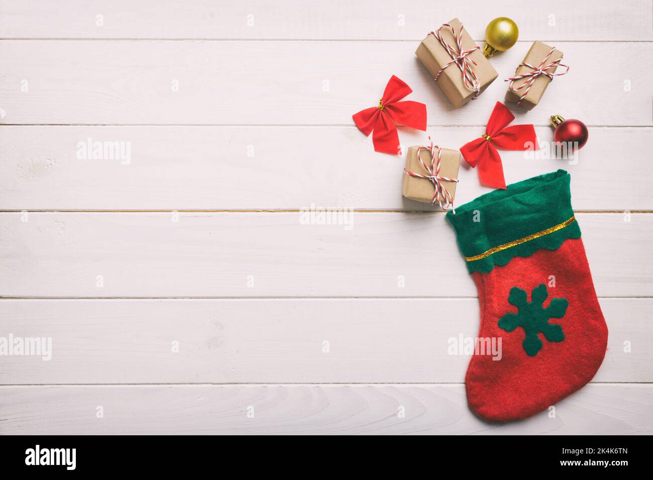 santa red sock top view on the color background with empty space ...