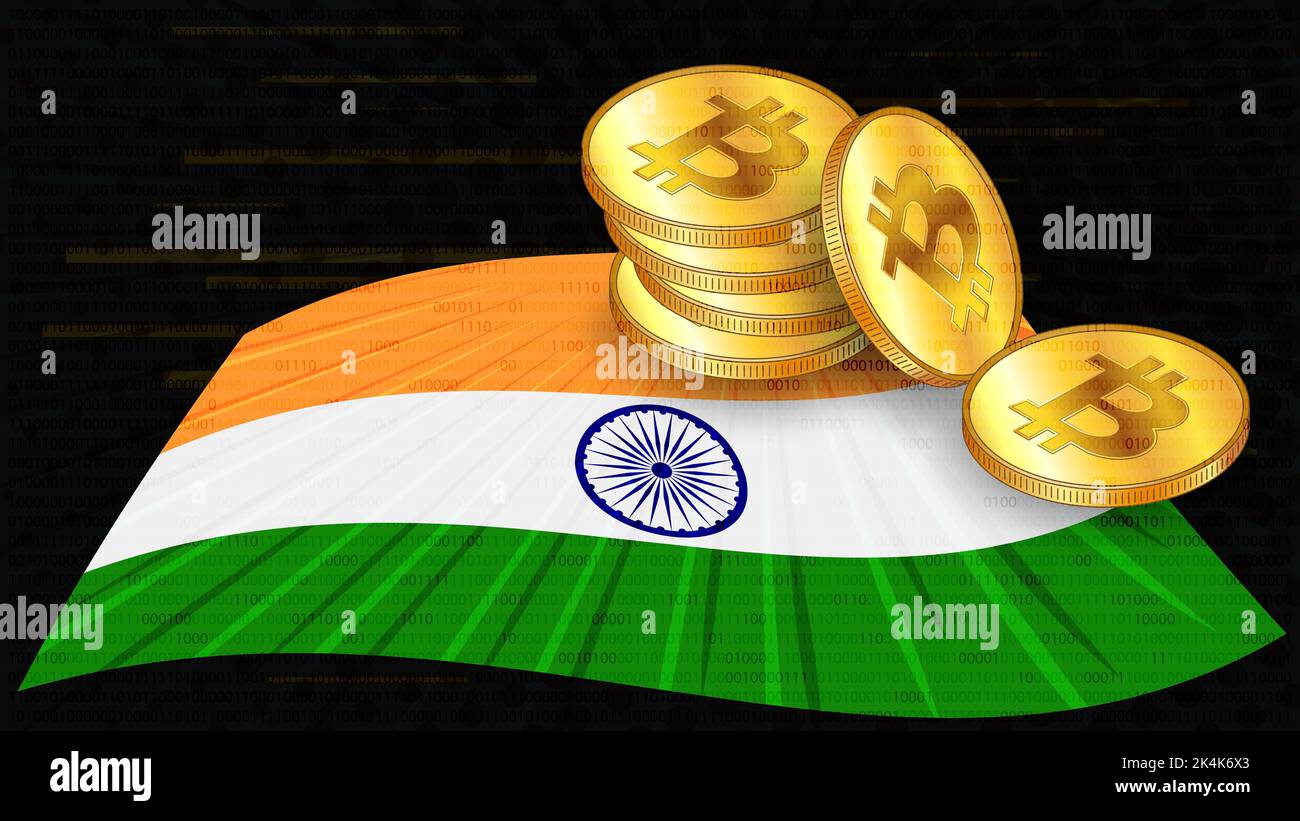Stacks of gold coins of Bitcoin BTC on colored flag of India on dark ...