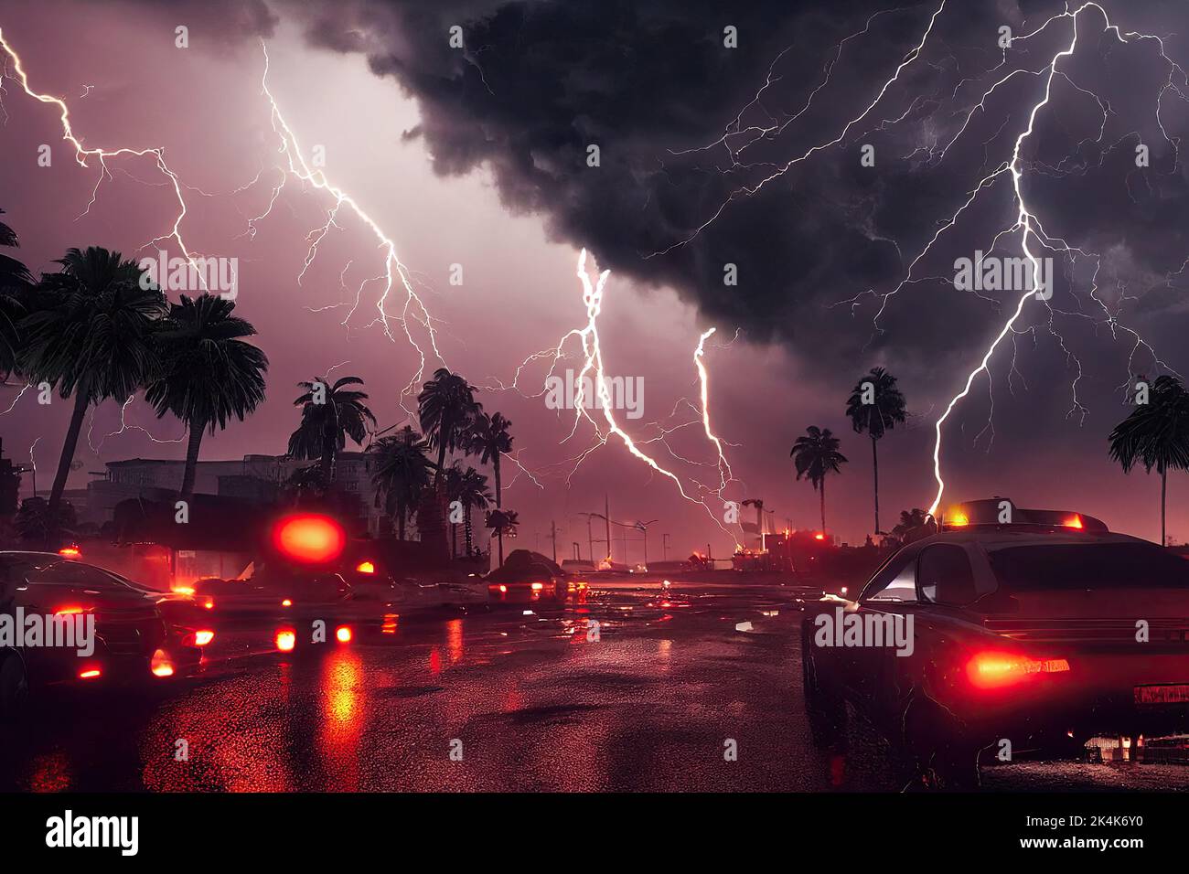 A hurricane tornado or typhoon rages down a city street, destroying ...