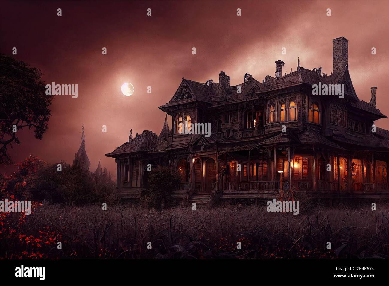 A huge victorian house of terror, with a fullmoon in the dark with ...