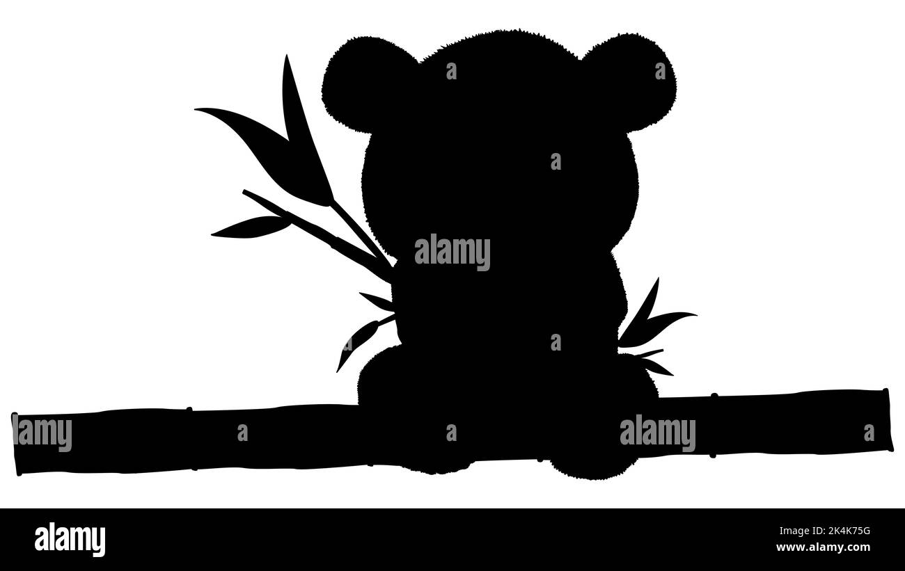 Silhouette of panda bear cub sits on bamboo trunk with bamboo branches ...