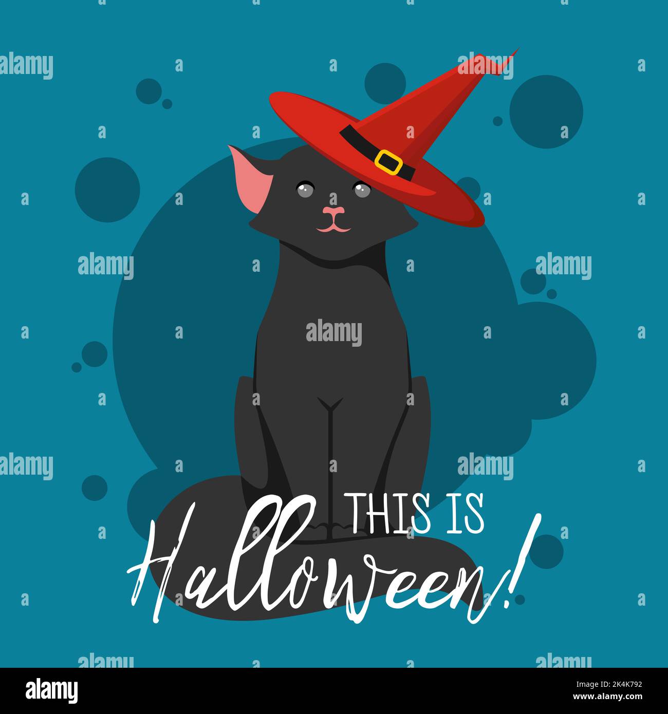 Happy Halloween. Black cat in whitch hat. Cute cartoon character. Baby ...