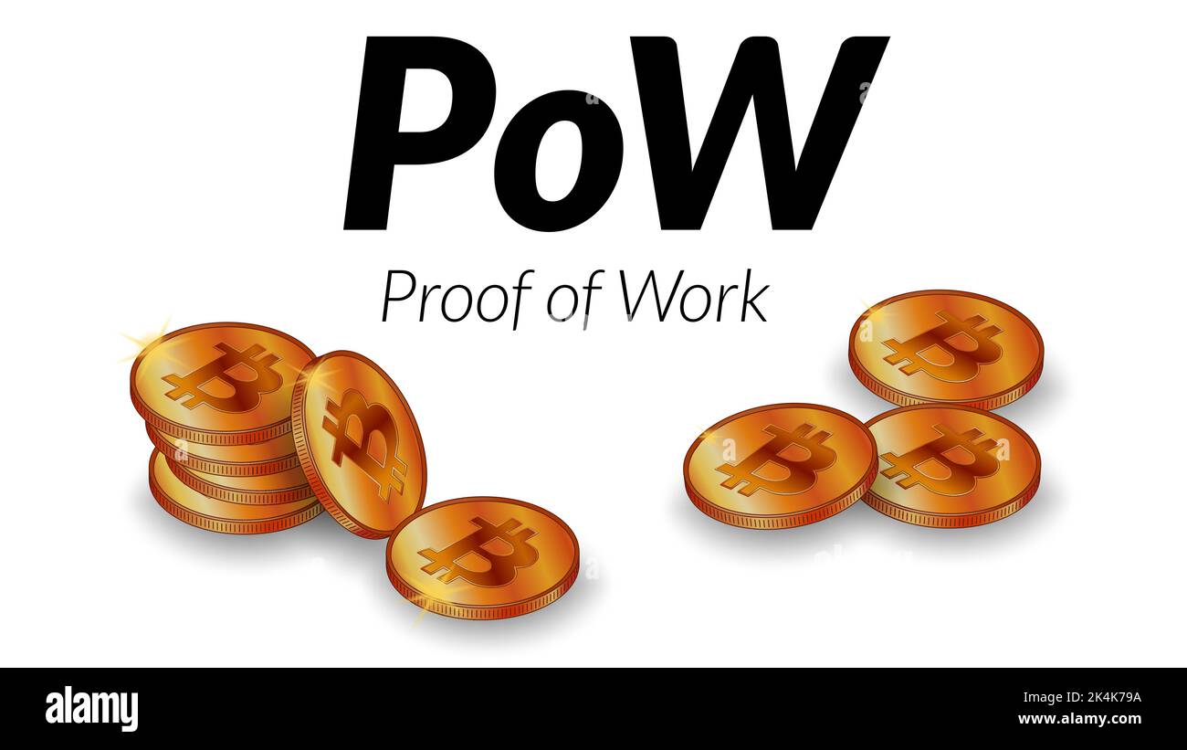 Text PoW Proof of Work with isometric stacks of bitcoin BTC coins with shadows isolated on white ...