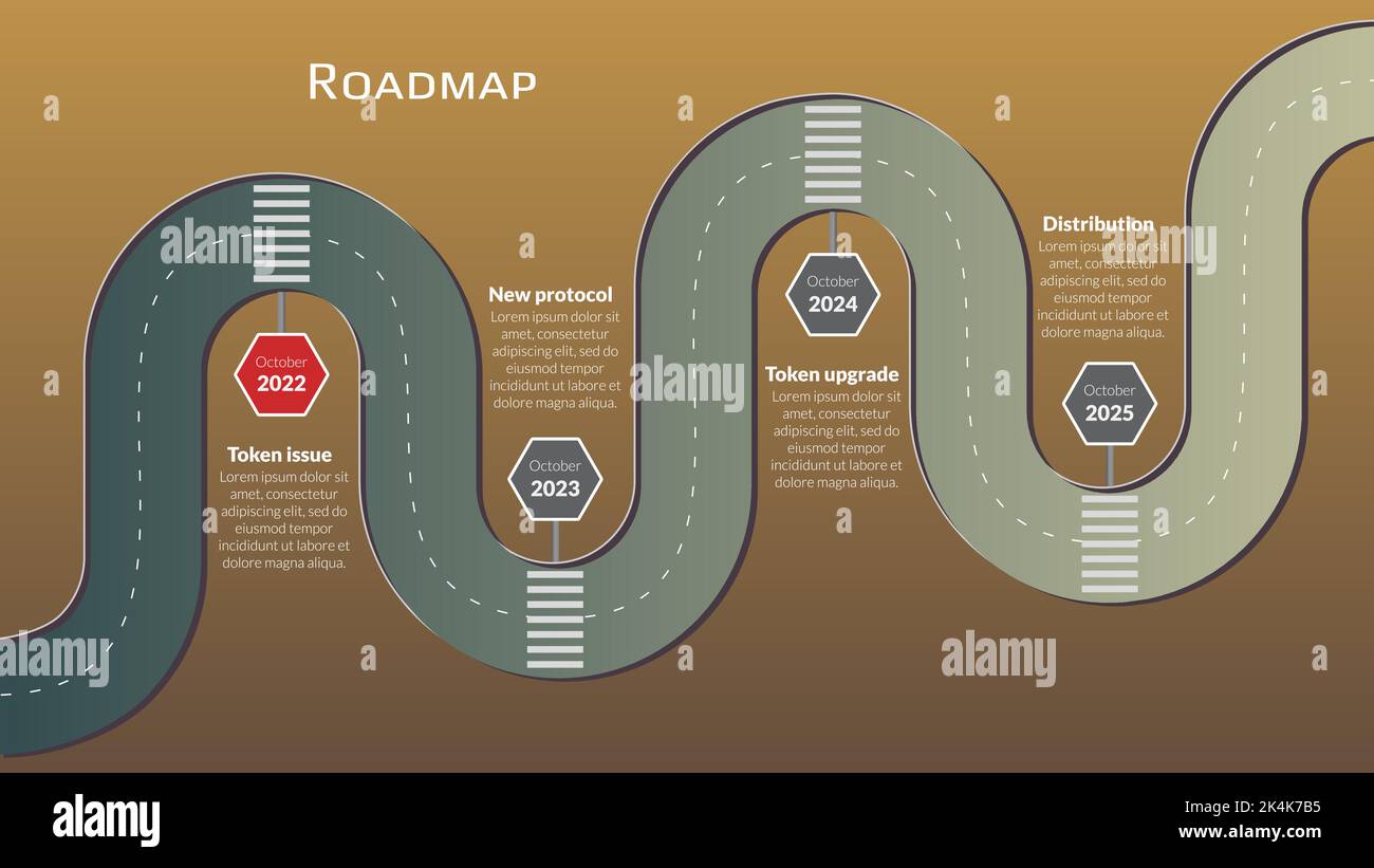 Roadmap with winding road and stop signs on stages on brown background ...