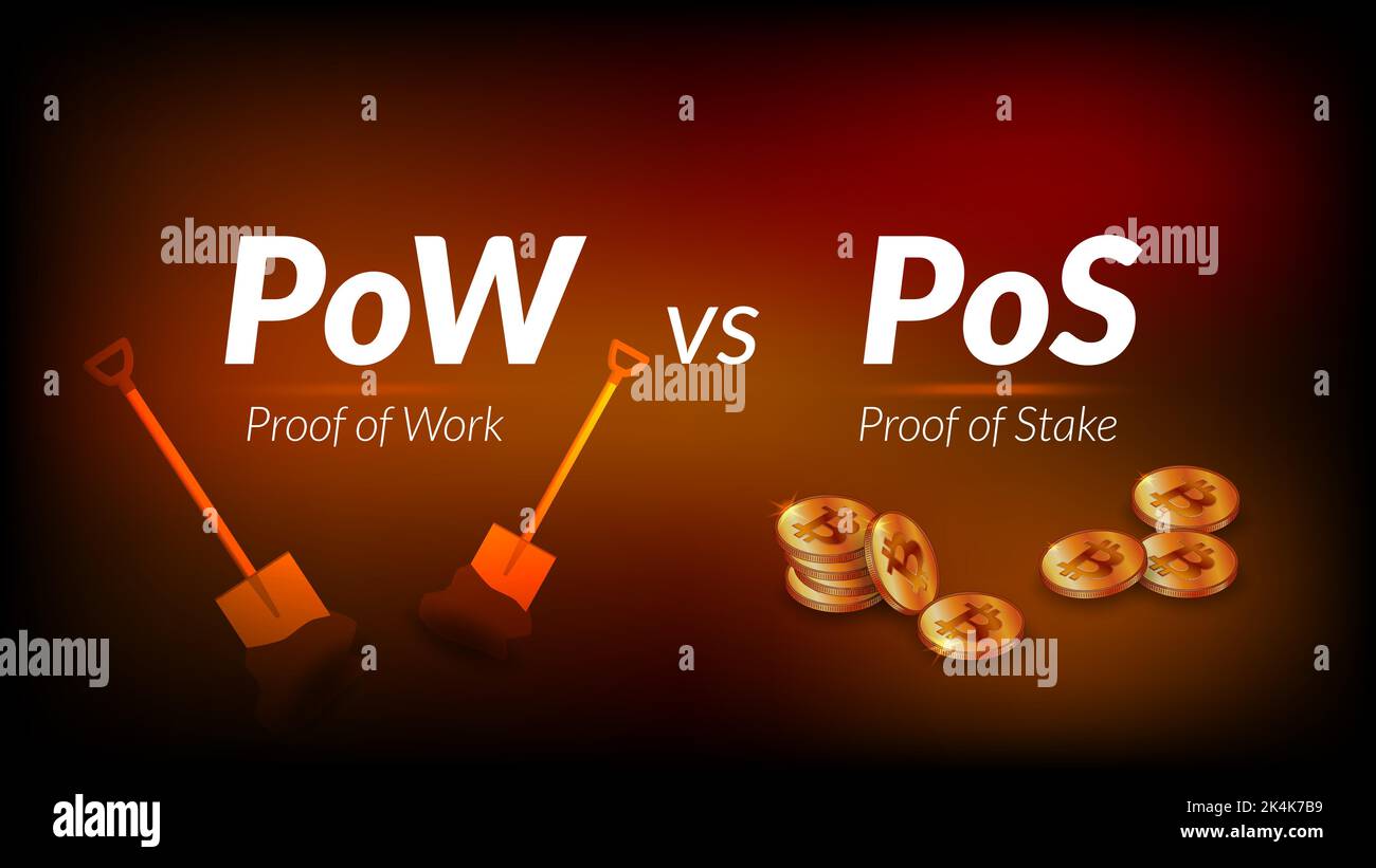 Text PoW Proof of Work vs PoS Proof of Stake with shovels and Bitcoin ...