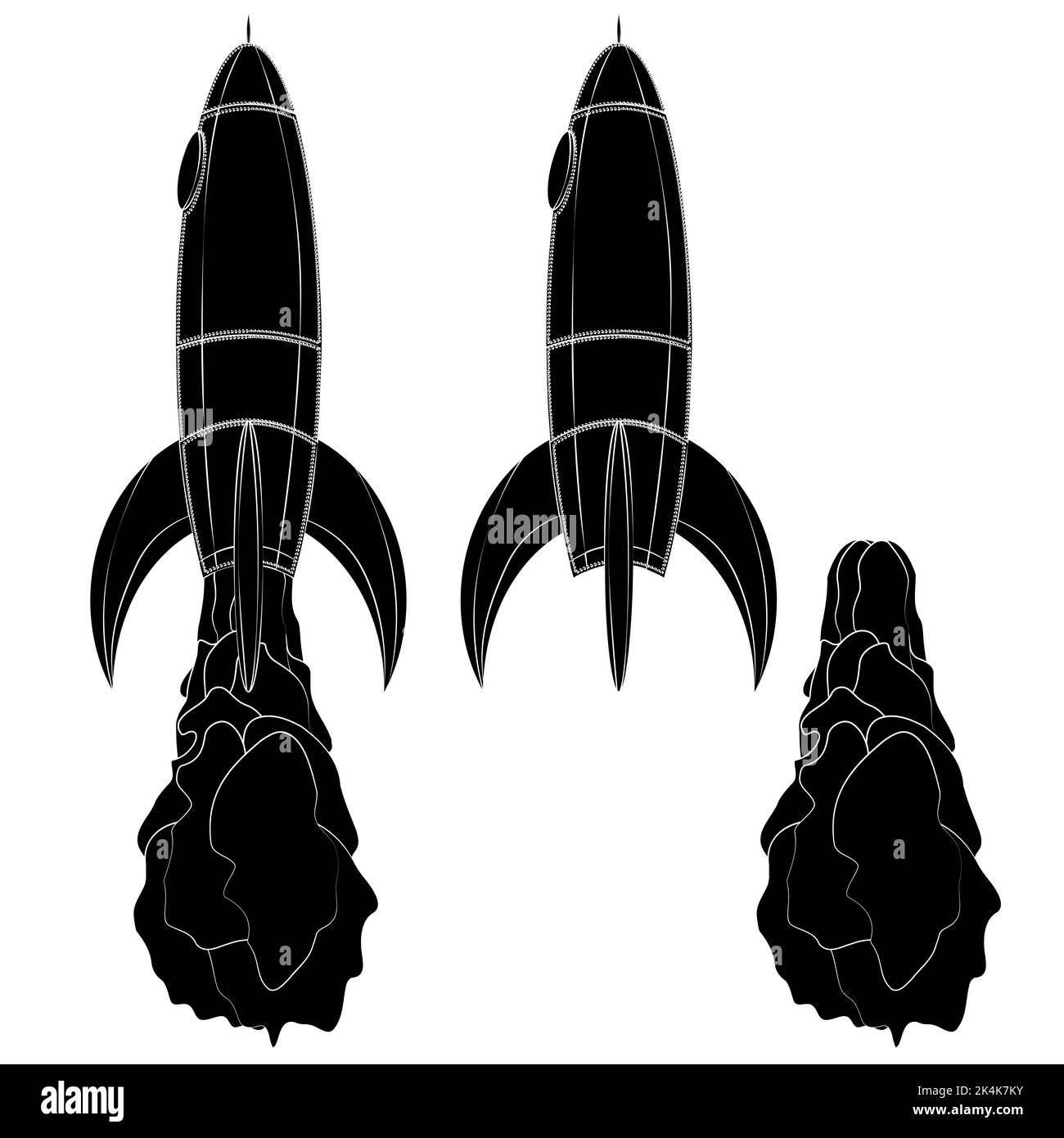 Set of spaceship black silhouette with smoke isolated. Space rocket ...