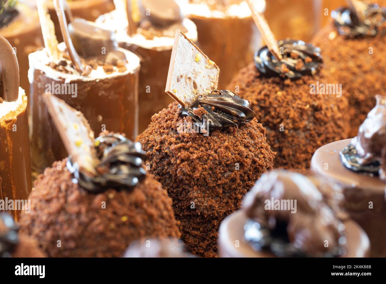 Types of cakes. Cakes on display at the patisserie counter Stock Photo ...