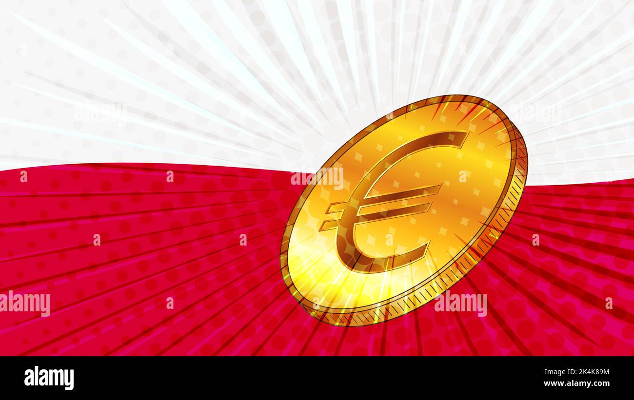 Polish flag and golden coin with sign currency Euro EUR. CBDC concept ...