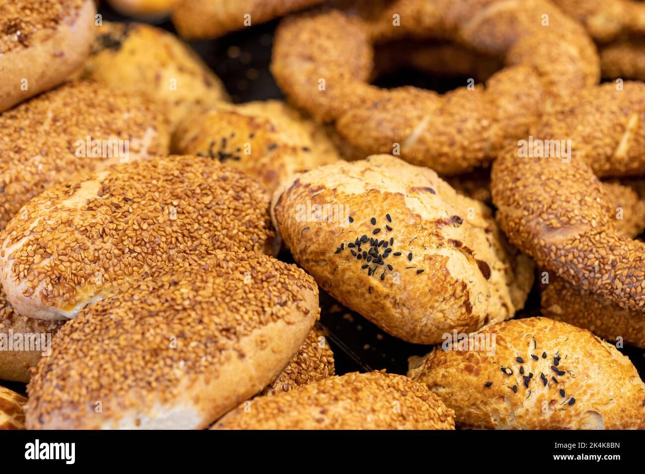 Traditional Turkish pastry concept, pogaca, bagel, simit. close up ...