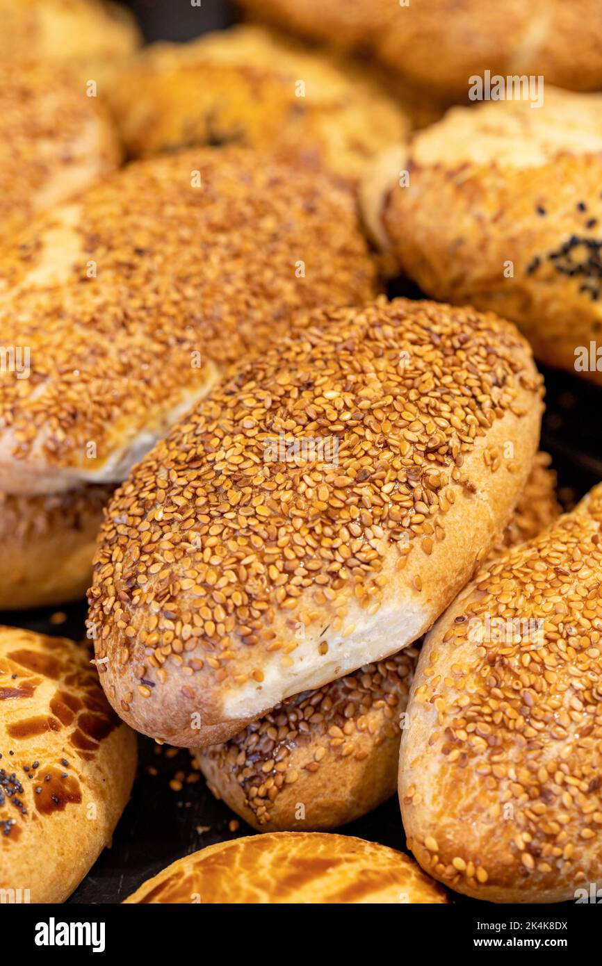 Traditional Turkish pastry concept, pogaca, bagel, simit. close up ...