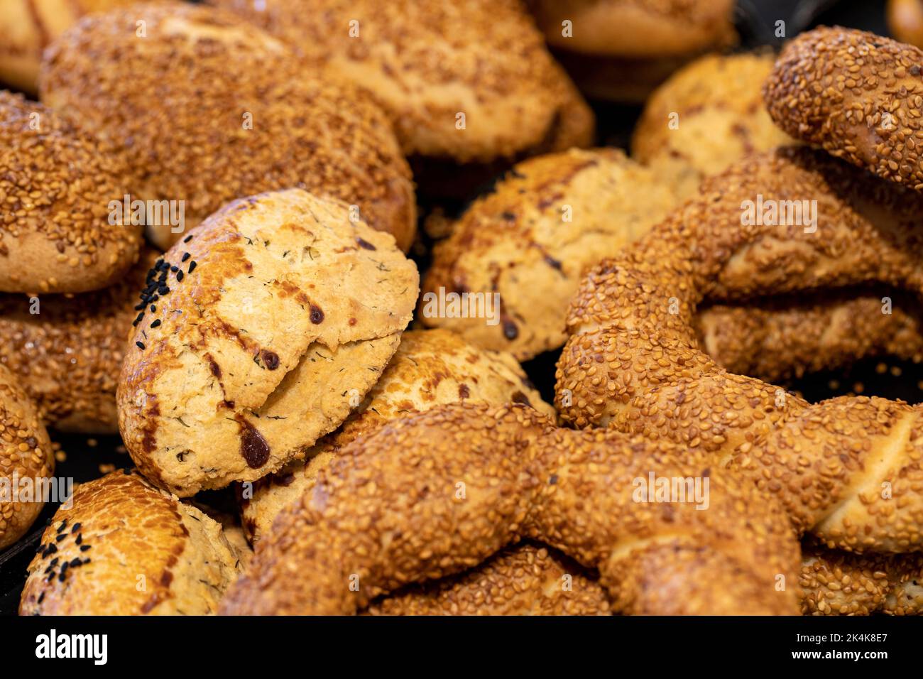 Traditional Turkish pastry concept, pogaca, bagel, simit. close up ...