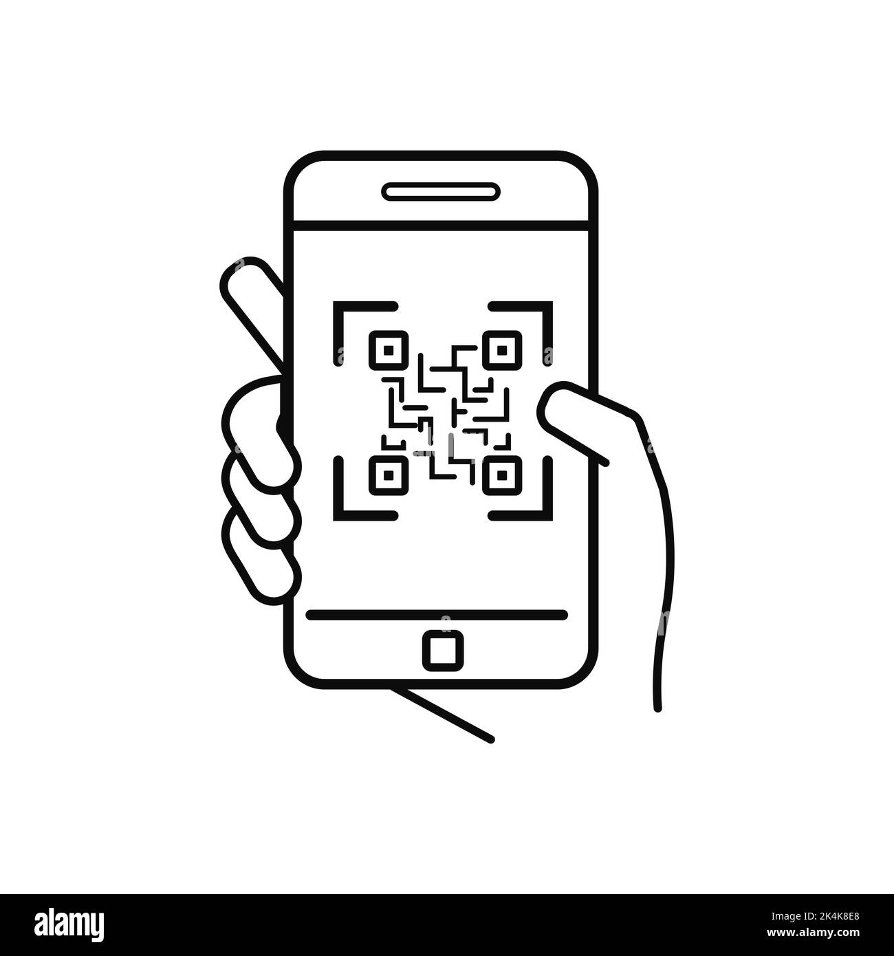 QR code icon. Hand holds smartphone with scannable identity application ...