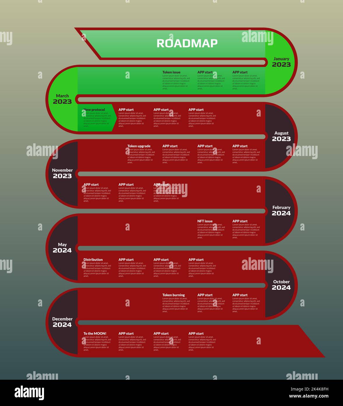 Roadmap with red winding road and green completed milestones on gray ...