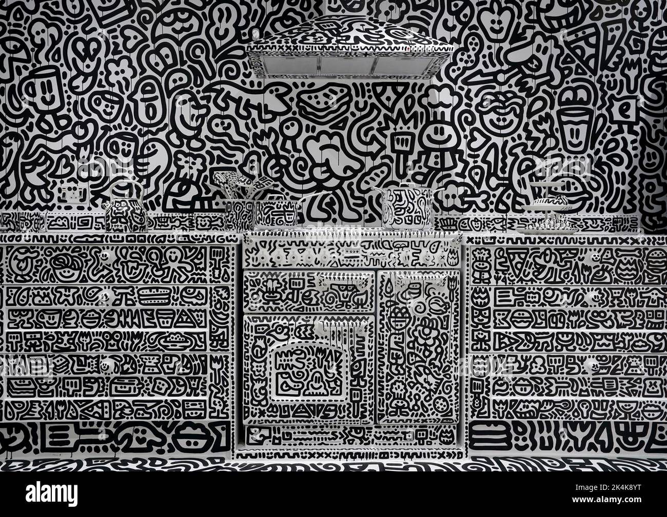 A view of the kitchen inside British artists' Sam Cox, aka Mr Doodle ...