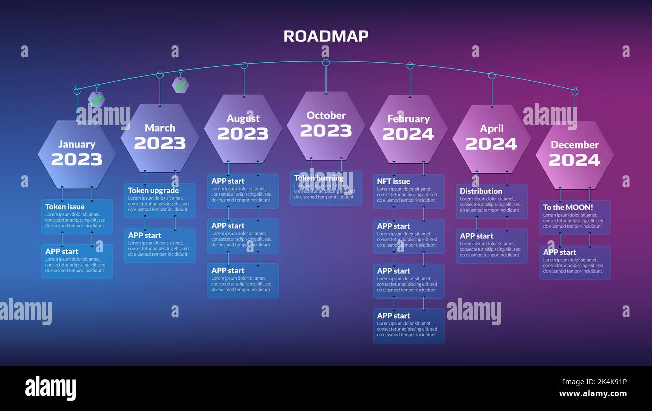 Horizontal roadmap with hanging stages on hexagons and copy space on ...