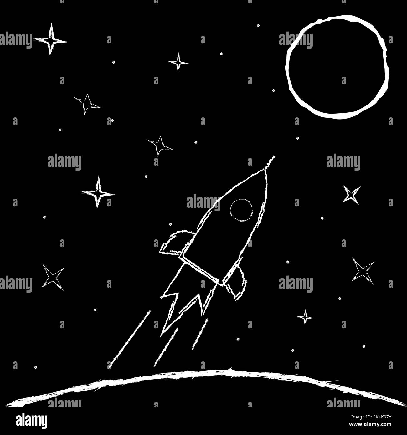 White outline space rocket from the earth flies to the moon among the ...