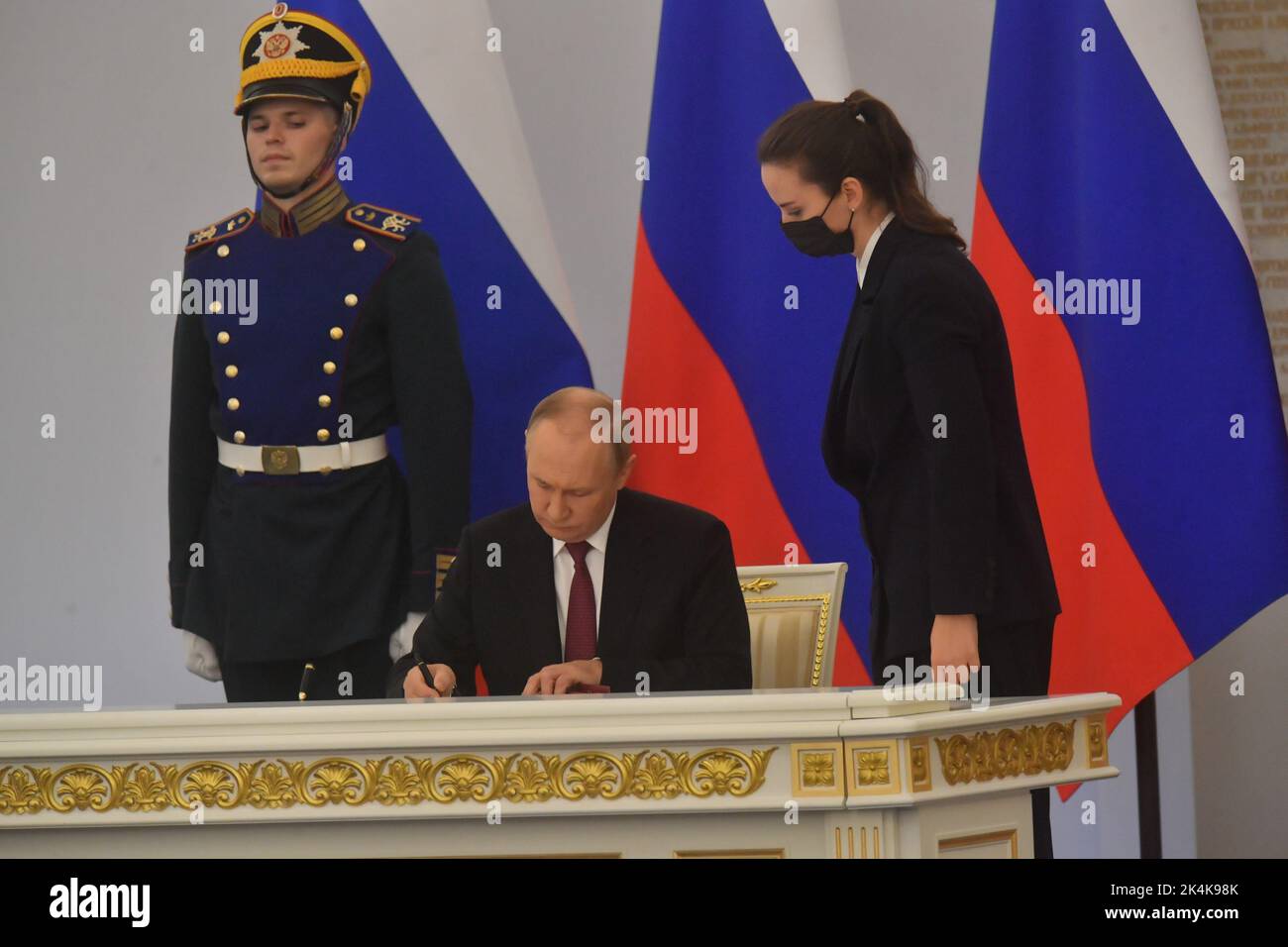 Moscow. The Russian President Vladimir Putin during signing of ...