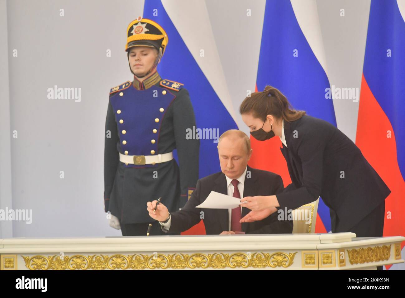 Moscow. The Russian President Vladimir Putin during signing of ...