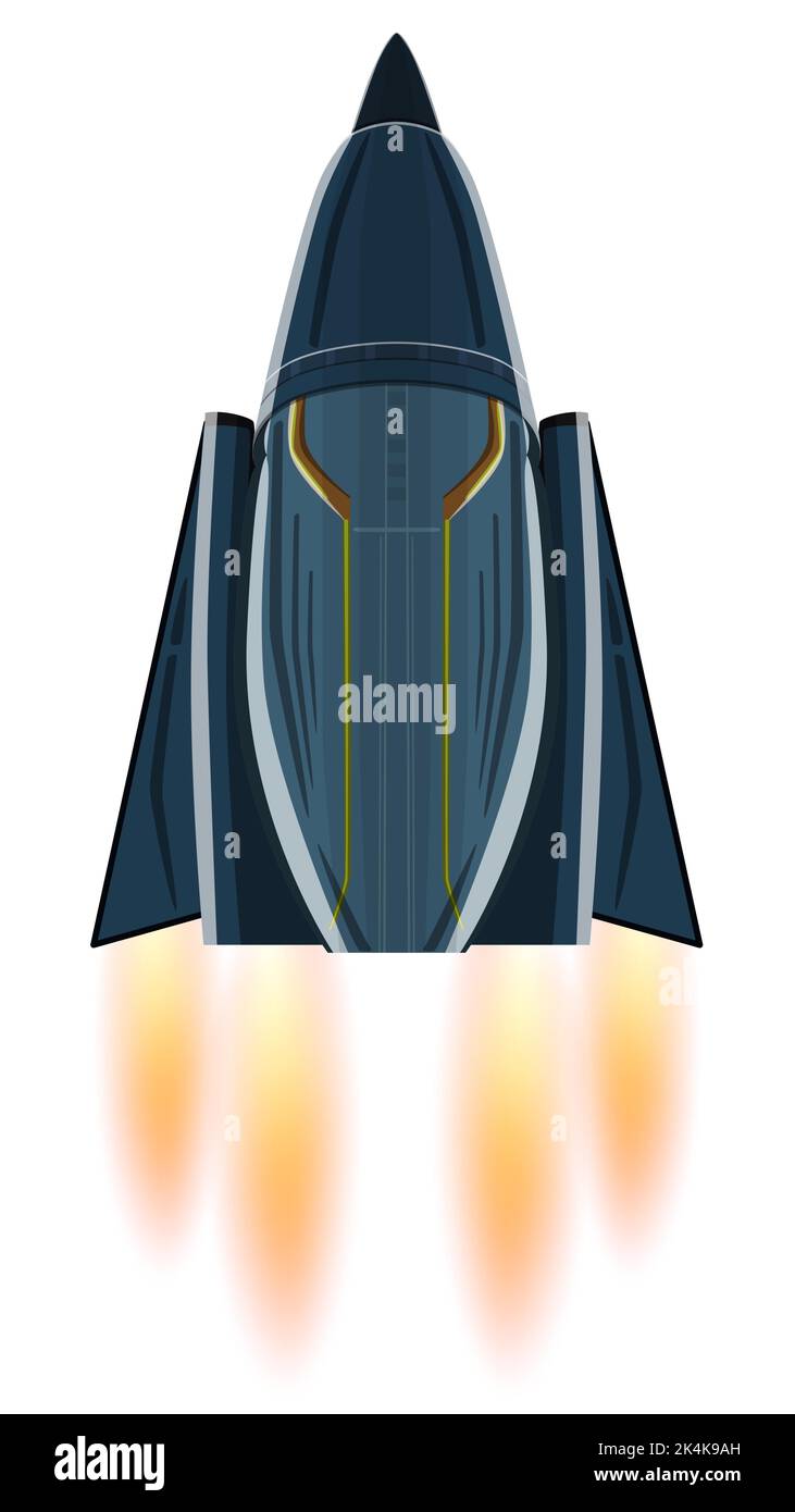 Cartoon triangle spaceship with flame from nozzles isolated on white ...