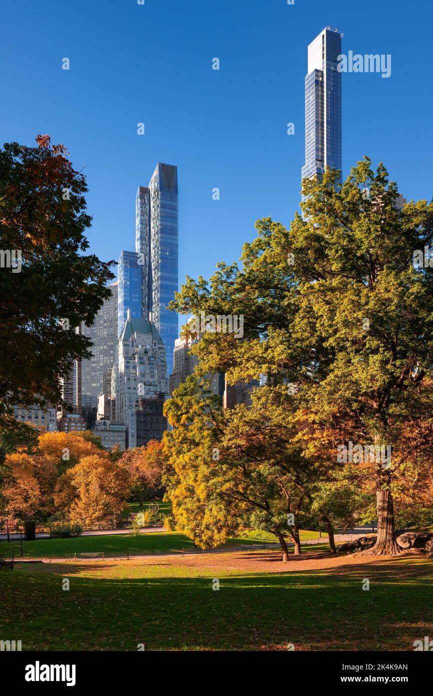 Central Park in Fall with the skyscrapers of Billionaires' Row. Midtown ...
