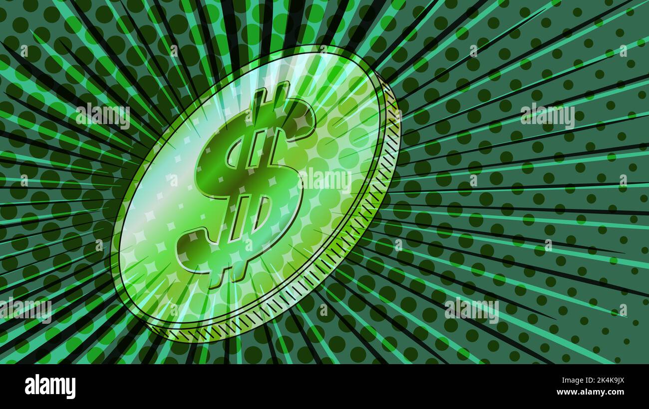 Coin with the sign of dollar USD styled for the 80s retro in green color. Currency USD symbol of ...
