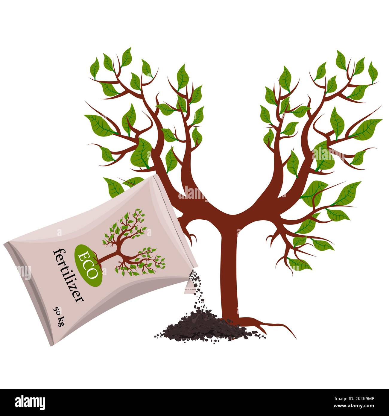 Fertilizers from bag poured under young tree, isolated on white ...