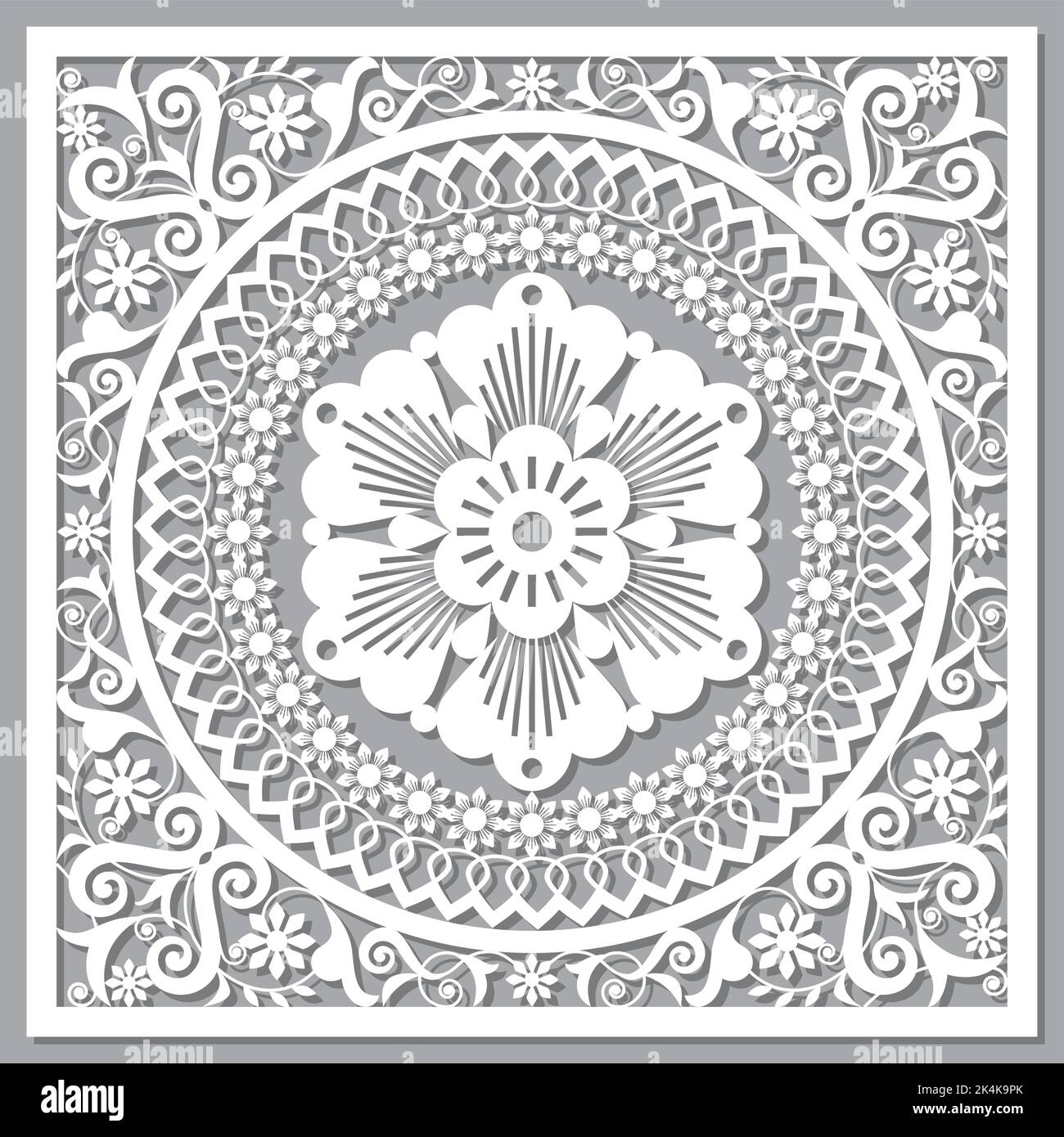 Morocan carved wood panel style vector framed mandala design, oriental ...