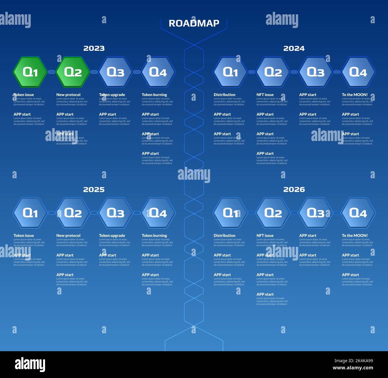 Roadmap with quarterly stages on blue hexagons and green completed ...