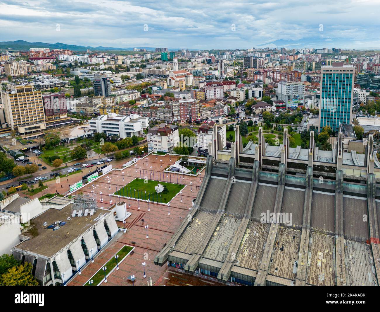 Pristina Modern City Center and Residential Buildings. Aerial View over Capital of Kosovo ...