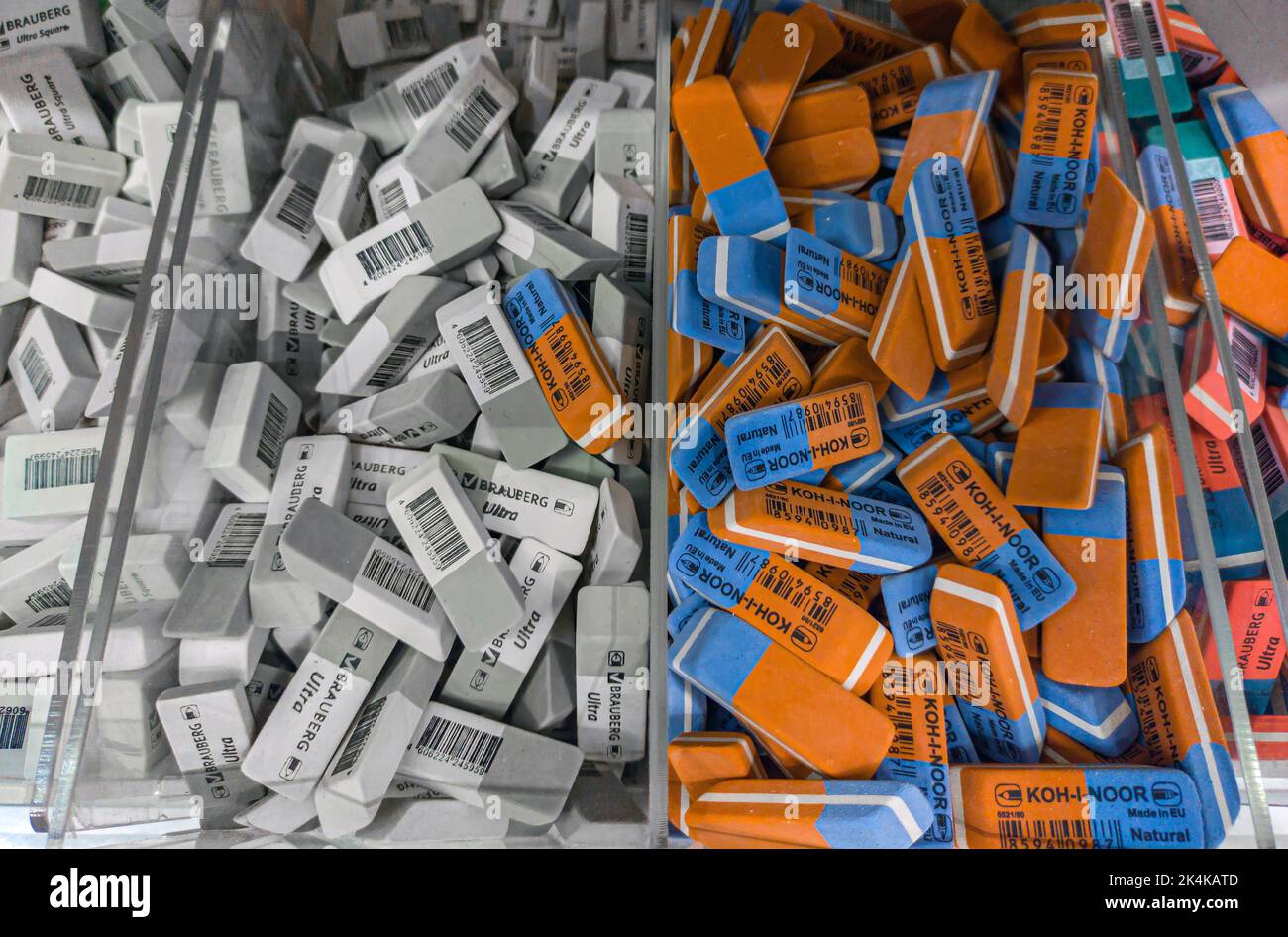 Kazan, Russia. September 22, 2022. Many different erasers. Sales of ...