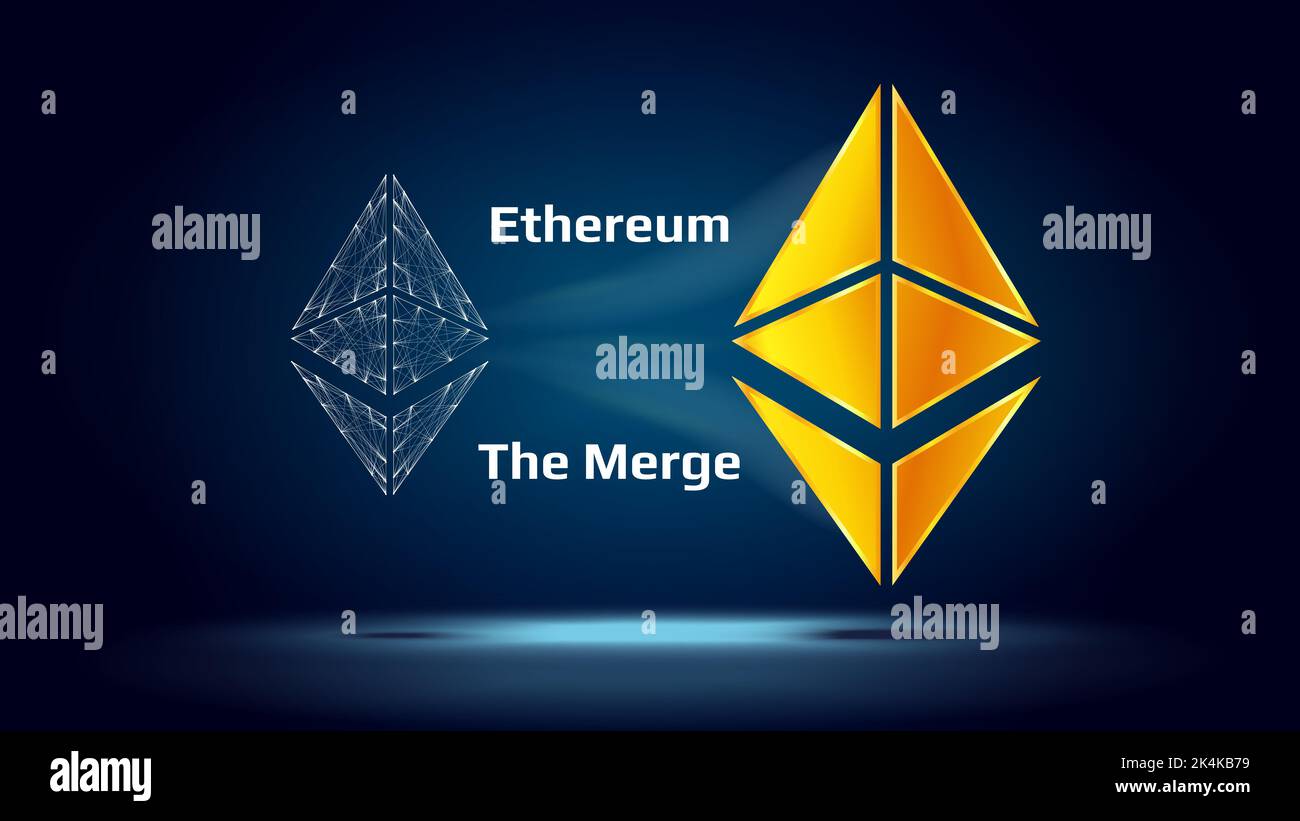 Ethereum wireframe symbol flows into golden ETH symbol on dark blue ... Ethereum wireframe symbol flows into golden ETH symbol on dark blue ...
