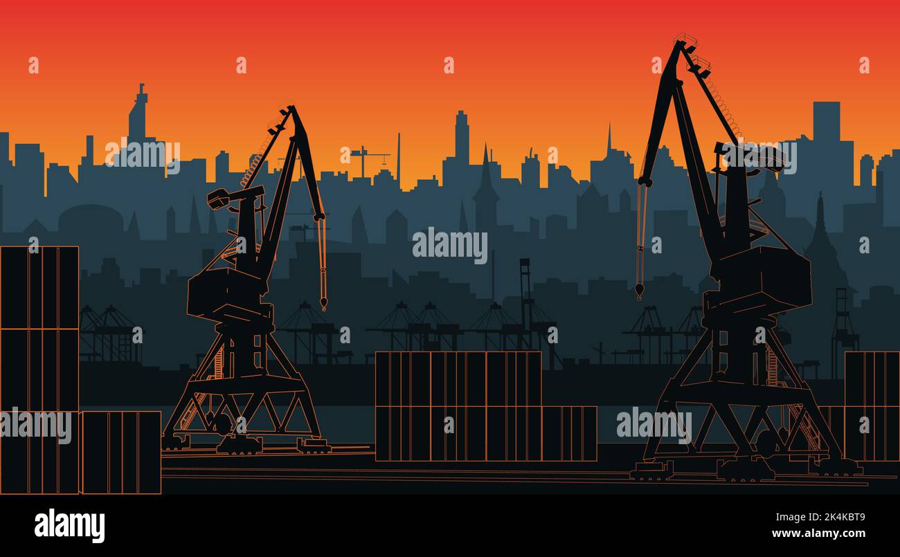 Silhouette commercial port with containers and cargo cranes, city ...