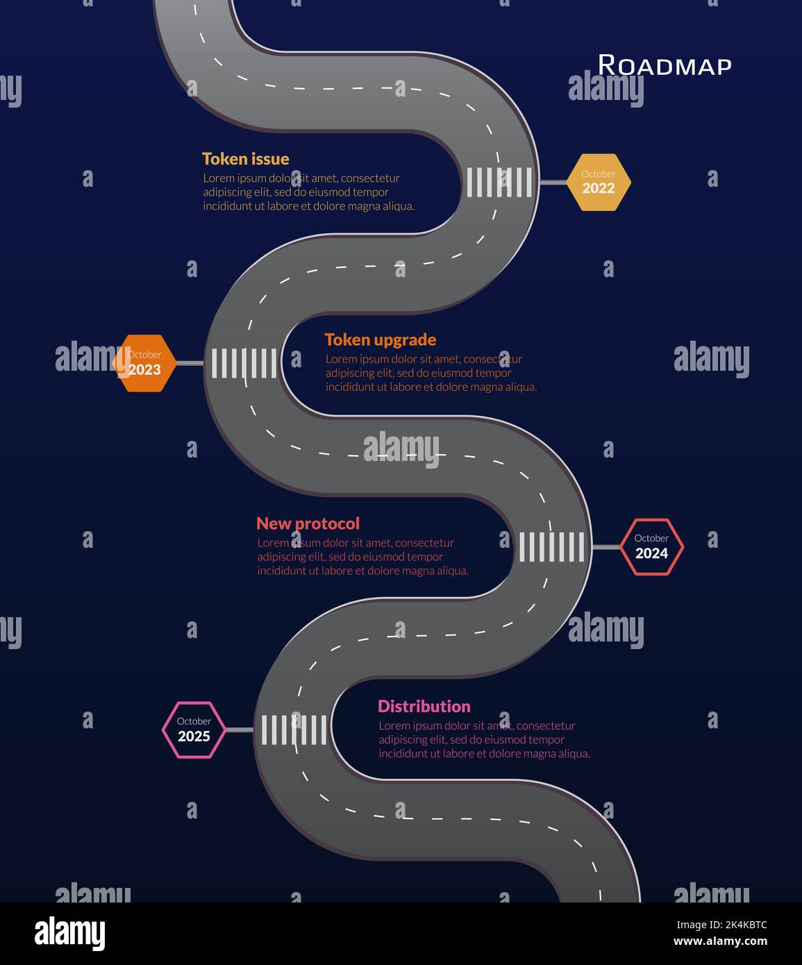 Roadmap with winding road and stop signs on stages on dark blue ...