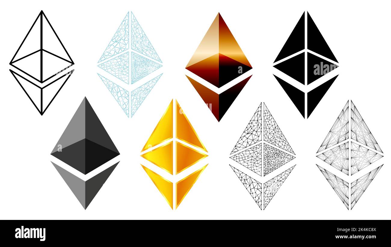 Set of token Ethereum ETH in golden colors and wireframe style isolated on white background. For ...