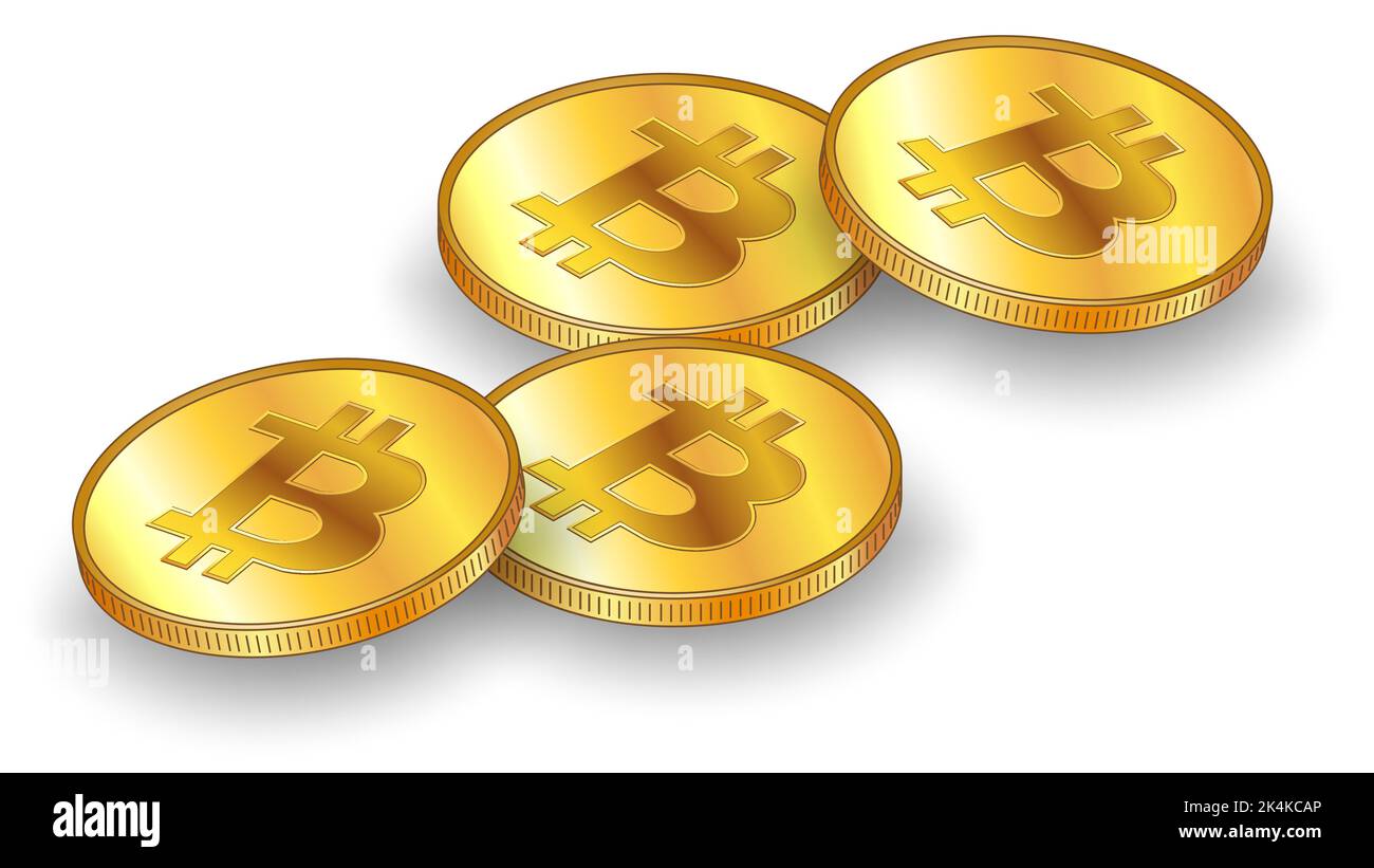 Four gold coins Bitcoin BTC with shadow in isometric view isolated on ...